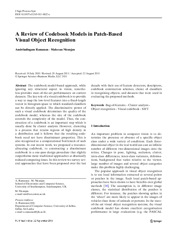 Pdf A Review Of Codebook Models In Patch Based Visual Object Recognition