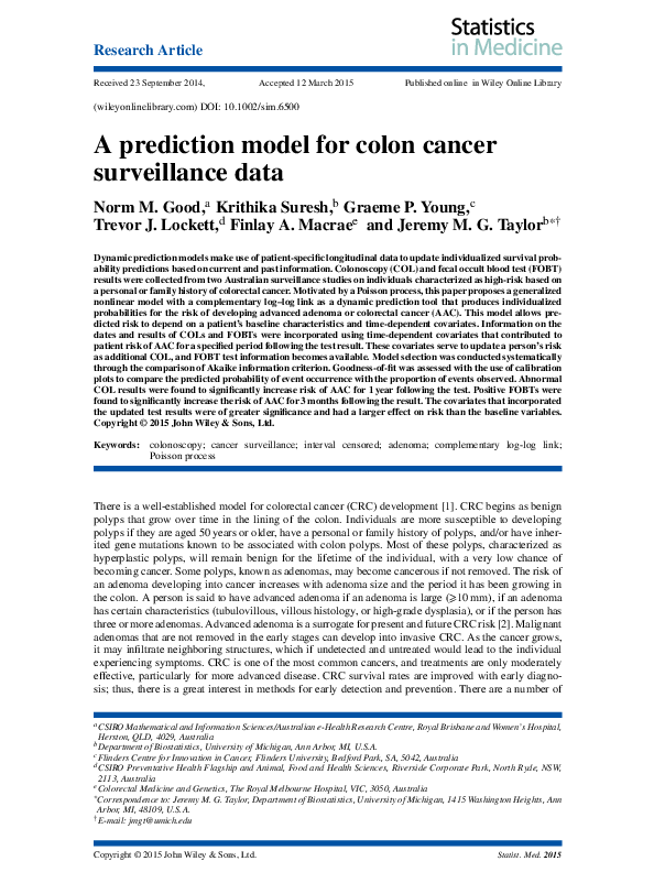(PDF) A prediction model for colon cancer surveillance data