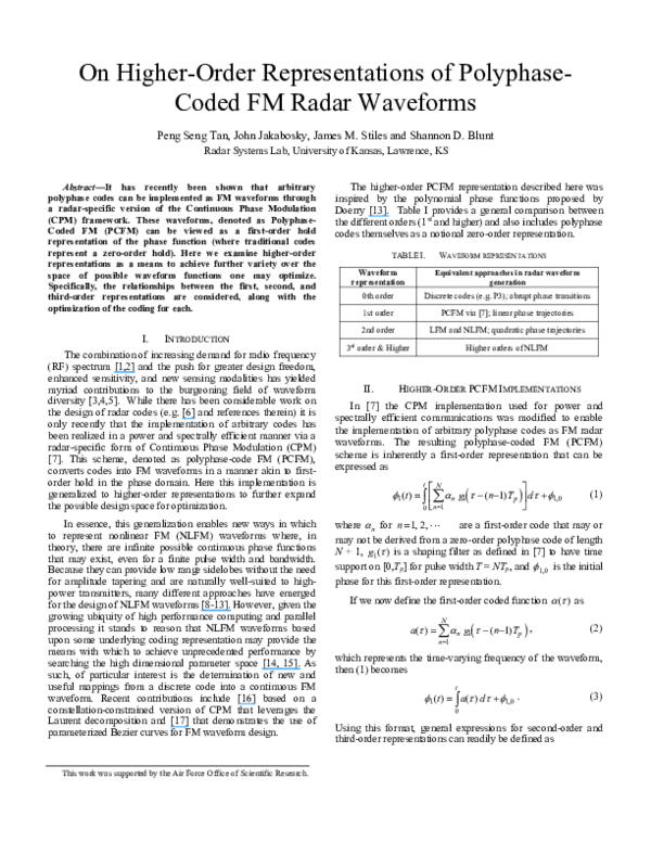 (PDF) On higher-order representations of Polyphase-Coded FM radar waveforms