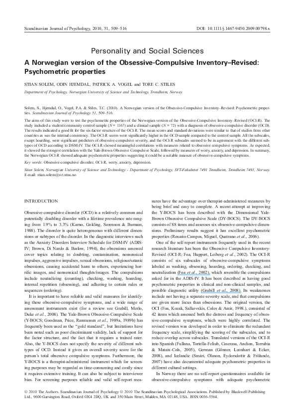 (PDF) A Norwegian version of the Obsessive-Compulsive Inventory-Revised ...
