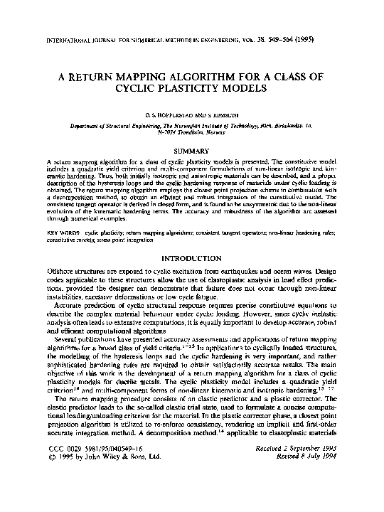 (PDF) A return mapping algorithm for a class of cyclic plasticity models