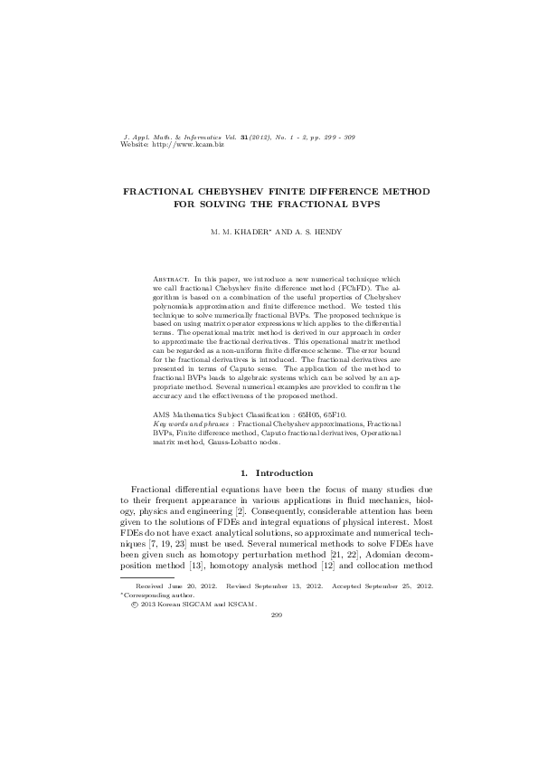 (PDF) Fractional Chebyshev finite difference method for solving the fractional BVPs