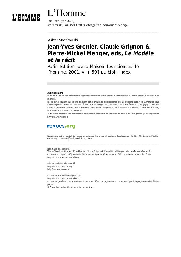 Review of « Le Modèle et le récit, sous la dir. de Jean-Yves Grenier ...