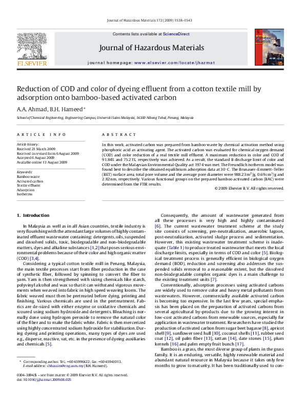 (PDF) Reduction of COD and color of dyeing effluent from a cotton textile mill by adsorption ...