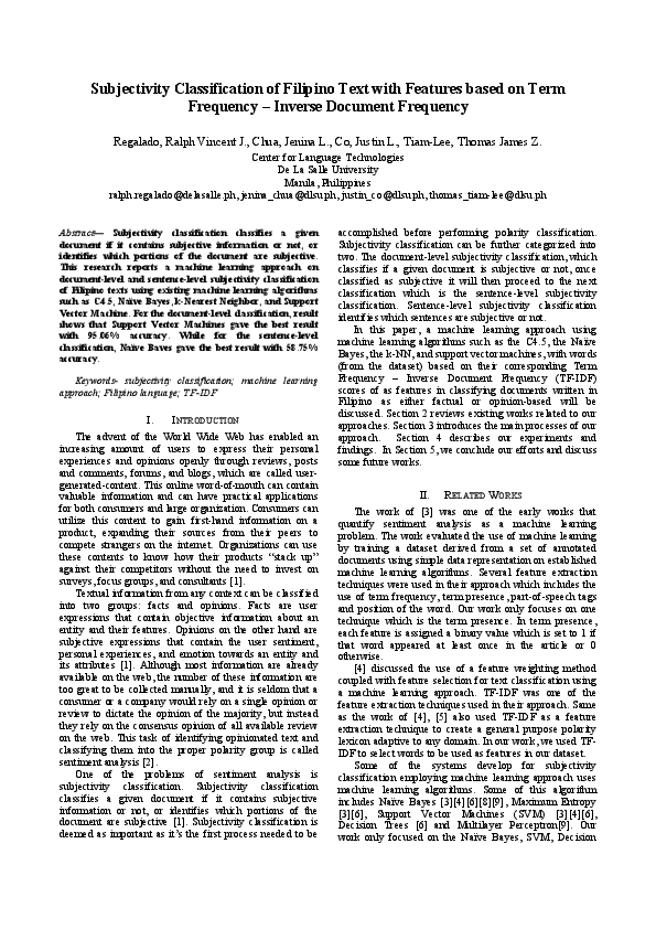 (PDF) Subjectivity Classification of Filipino Text with Features Based on Term Frequency ...