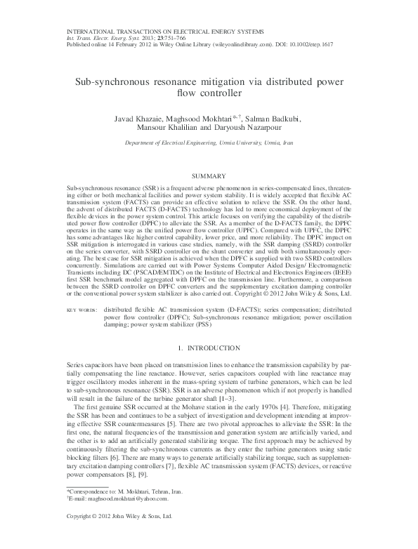 (PDF) Sub-synchronous resonance mitigation via distributed power flow controller