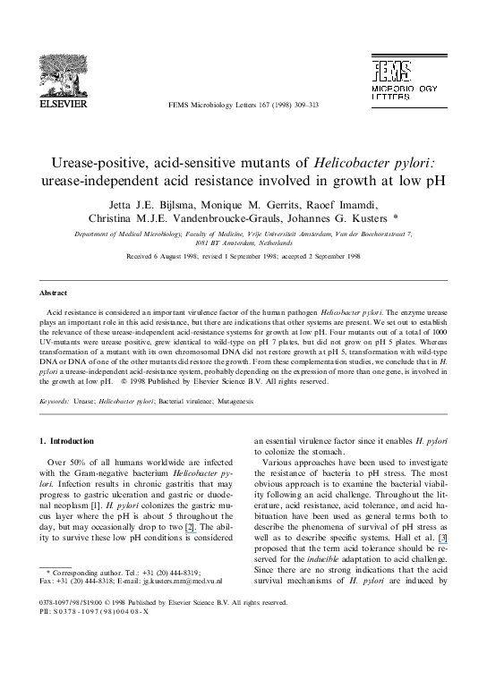 (PDF) Urease-positive, acid-sensitive mutants of Helicobacter pylori ...