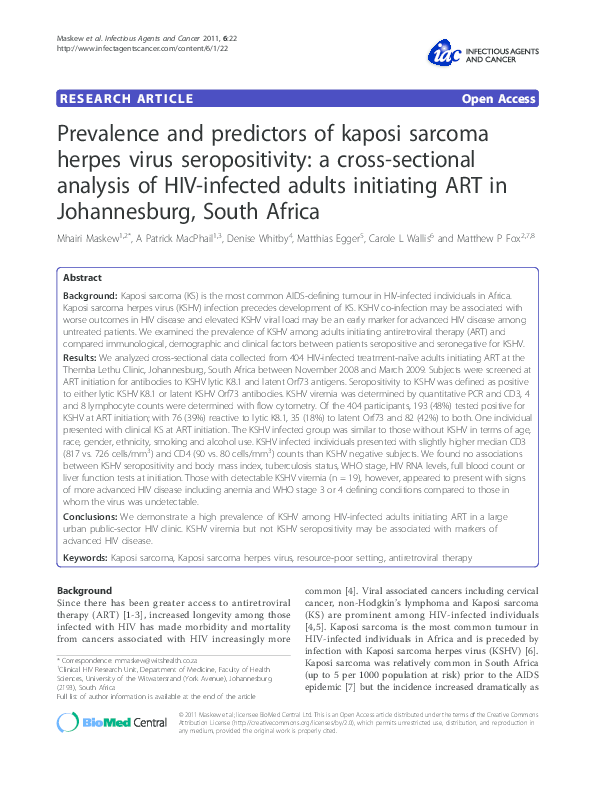 (PDF) Prevalence and predictors of kaposi sarcoma herpes virus seropositivity: a cross-sectional ...