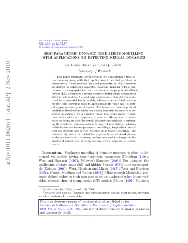 Pdf Semi Parametric Dynamic Time Series Modelling With Applications To Detecting Neural