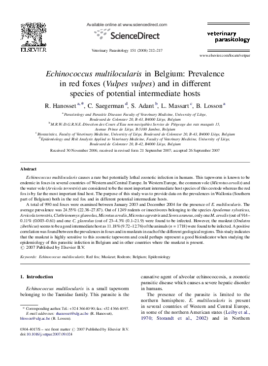 (PDF) Echinococcus multilocularis in Belgium: Prevalence in red foxes (Vulpes vulpes) and in ...