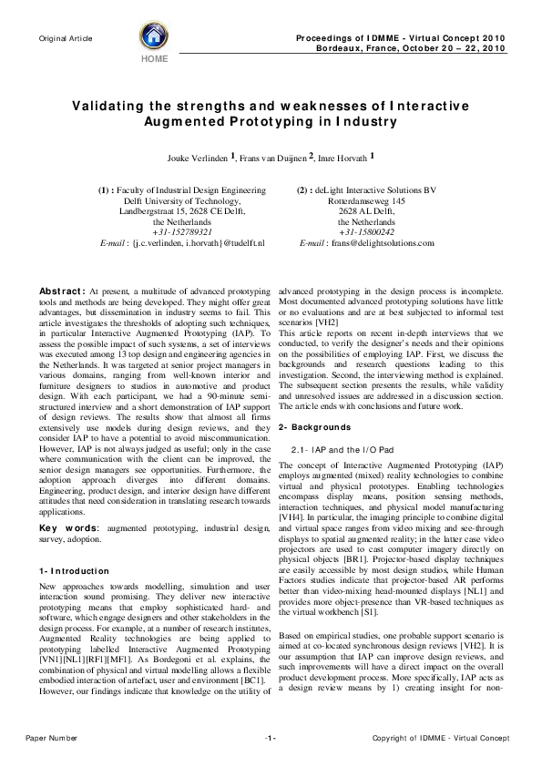 (PDF) Validating the strengths and weaknesses of Interactive Augmented Prototyping in Industry