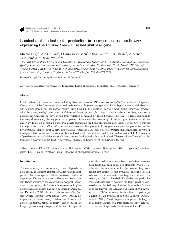 (PDF) Linalool and linalool oxide production in transgenic carnation ...