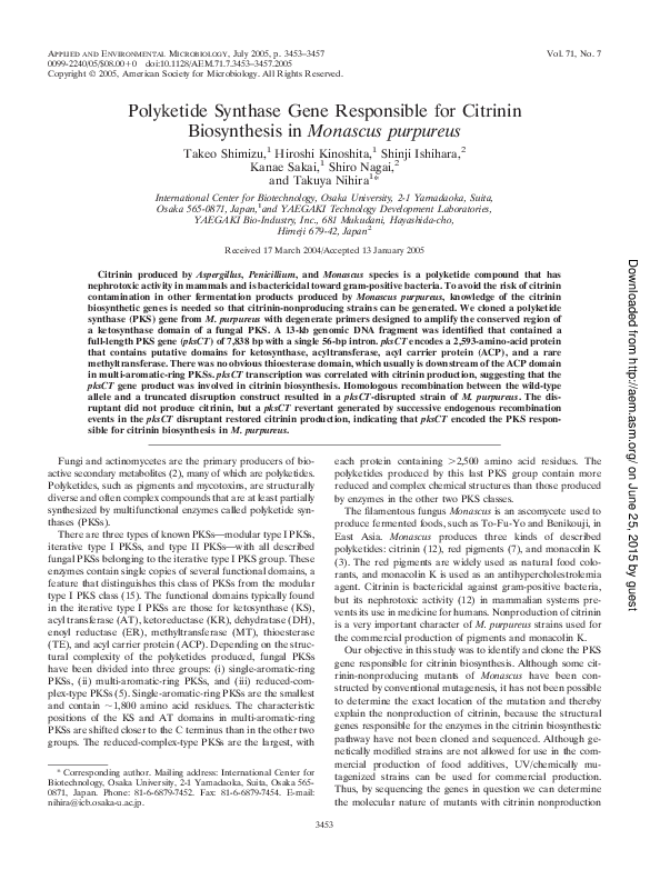 (PDF) Polyketide Synthase Gene Responsible for Citrinin Biosynthesis in Monascus purpureus