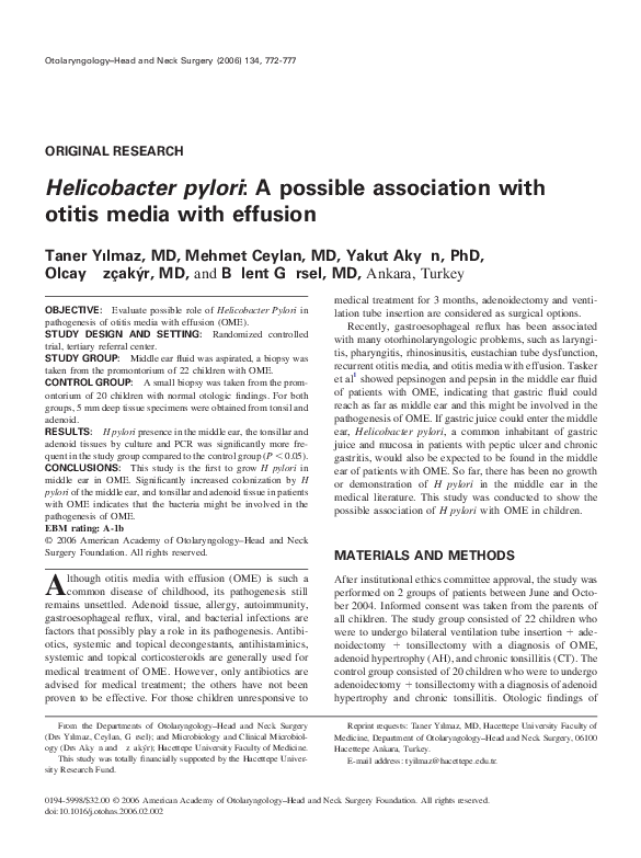 (PDF) Helicobacter pylori: A possible association with otitis media with effusion