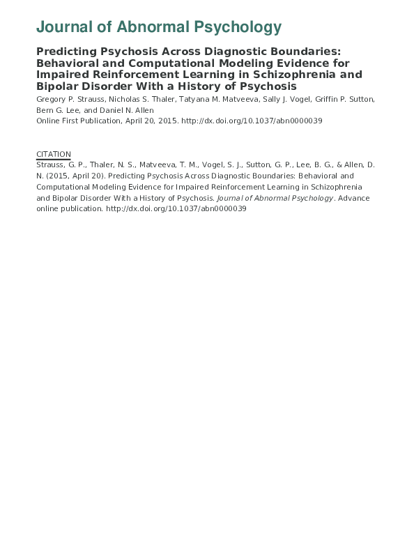 (PDF) Predicting Psychosis Across Diagnostic Boundaries: Behavioral and Computational Modeling ...