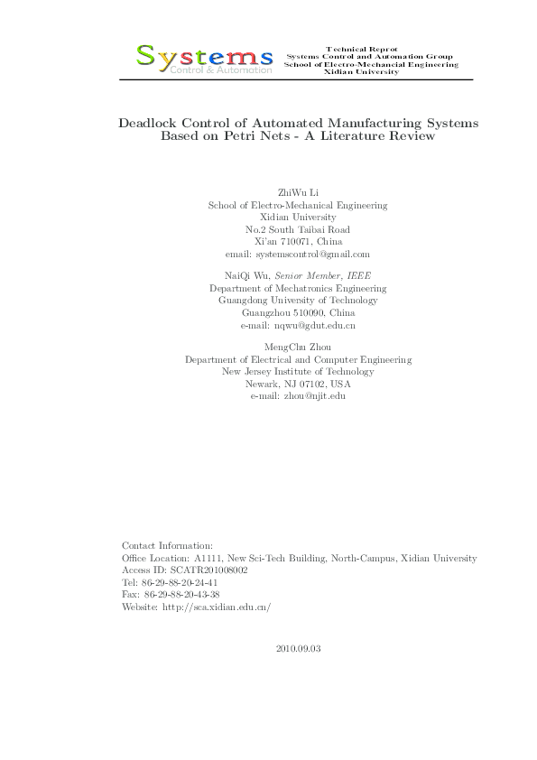 (PDF) Deadlock Control of Automated Manufacturing Systems Based on Petri Nets—A Literature Review