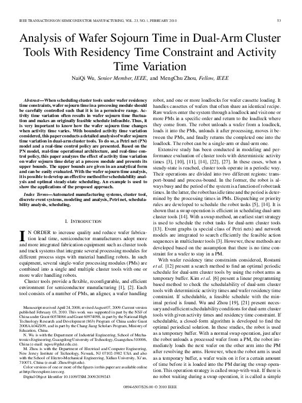 (PDF) Analysis of Wafer Sojourn Time in Dual-Arm Cluster Tools With ...