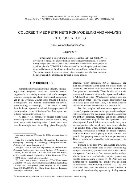 (PDF) Colored timed Petri nets for modeling and analysis of cluser tools