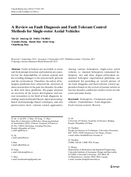 Pdf A Review On Fault Diagnosis And Fault Tolerant Control Methods For Single Rotor Aerial