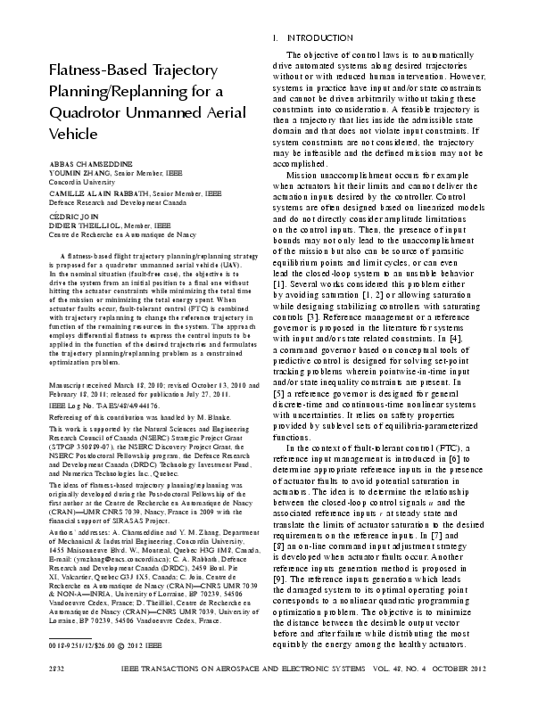 (PDF) Flatness-Based Trajectory Planning/Replanning for a Quadrotor Unmanned Aerial Vehicle