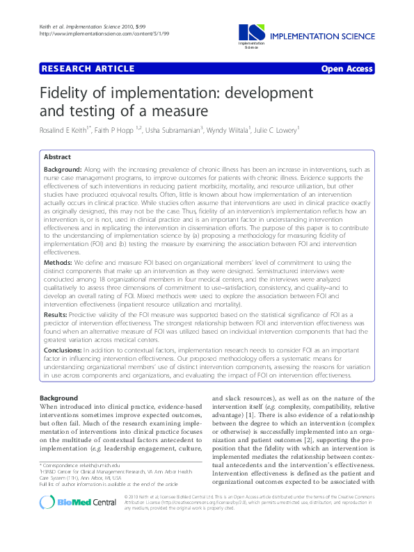 (PDF) Fidelity of implementation: development and testing of a measure