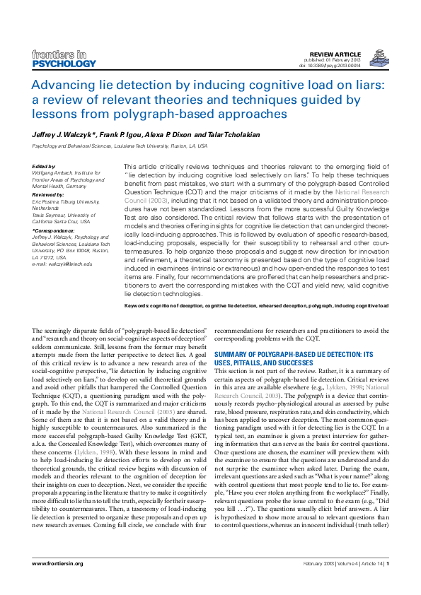 (PDF) Advancing Lie Detection by Inducing Cognitive Load on Liars: A Review of Relevant Theories ...