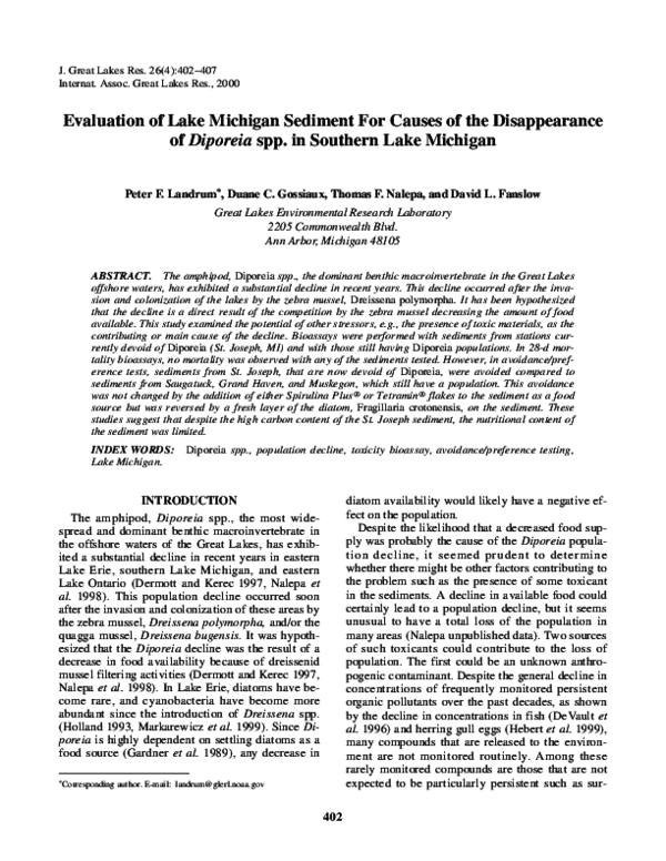 (PDF) Evaluation of Lake Michigan Sediment For Causes of the ...