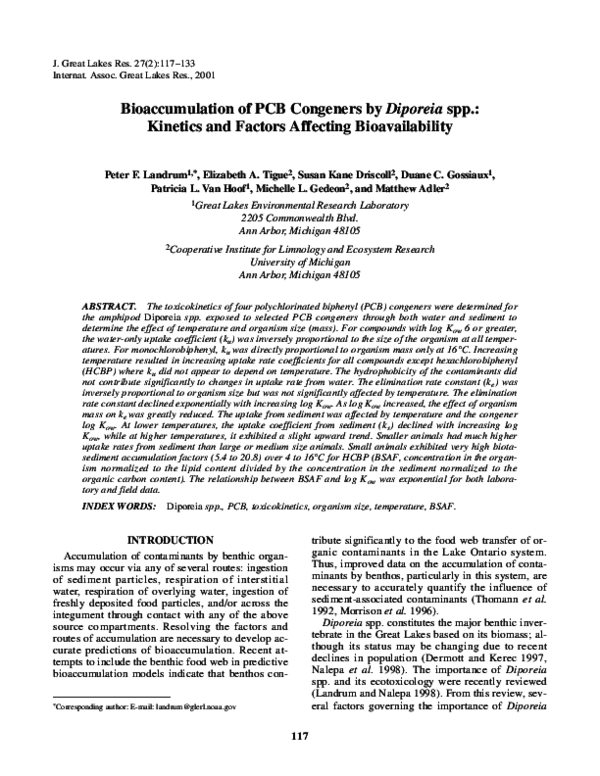 (PDF) Bioaccumulation of PCB Congeners by Diporeia spp.: Kinetics and ...