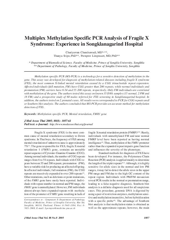 (PDF) Multiplex methylation specific PCR analysis of fragile X syndrome ...