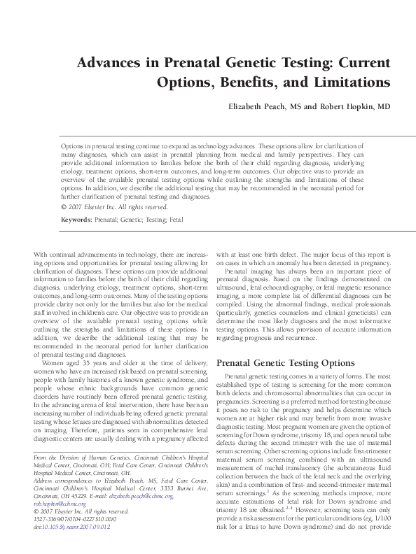 (PDF) Advances in Prenatal Genetic Testing: Current Options, Benefits ...
