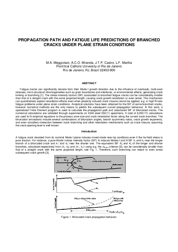 (PDF) PROPAGATION PATH AND FATIGUE LIFE PREDICTIONS OF BRANCHED CRACKS