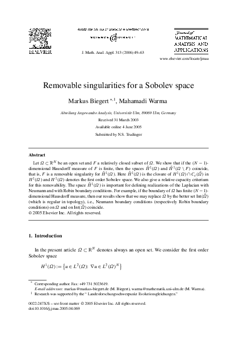 (PDF) Removable singularities for a Sobolev space