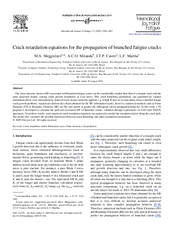 (PDF) Crack retardation equations for the propagation of branched fatigue cracks