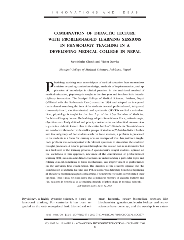 Pdf Combination Of Didactic Lecture With Problem Based Learning Sessions In Physiology