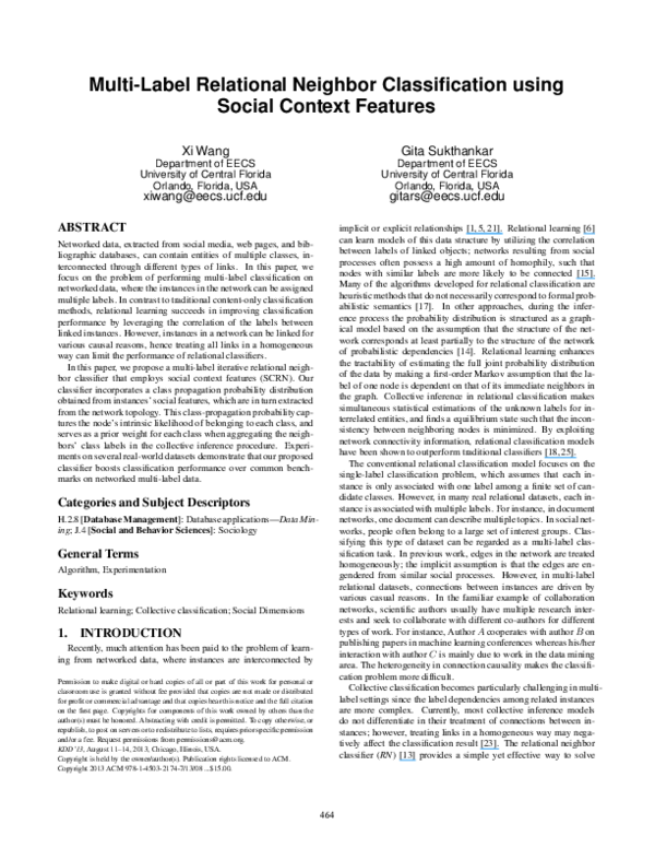 Pdf Multi Label Relational Neighbor Classification Using Social