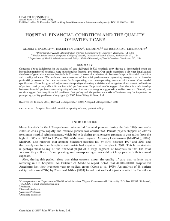 (PDF) Hospital financial condition and the quality of patient care