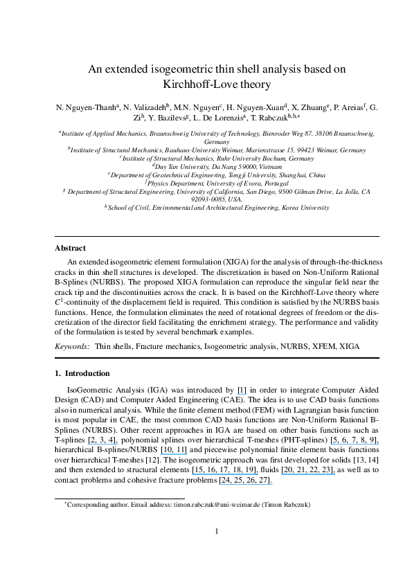 Pdf An Extended Isogeometric Thin Shell Analysis Based On Kirchhofflove Theory