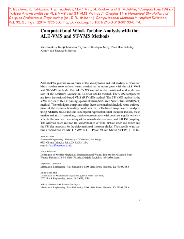 Pdf Computational Wind Turbine Analysis With The Ale Vms And St Vms Methods
