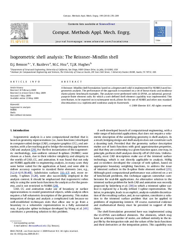 (PDF) Isogeometric shell analysis: The Reissner–Mindlin shell