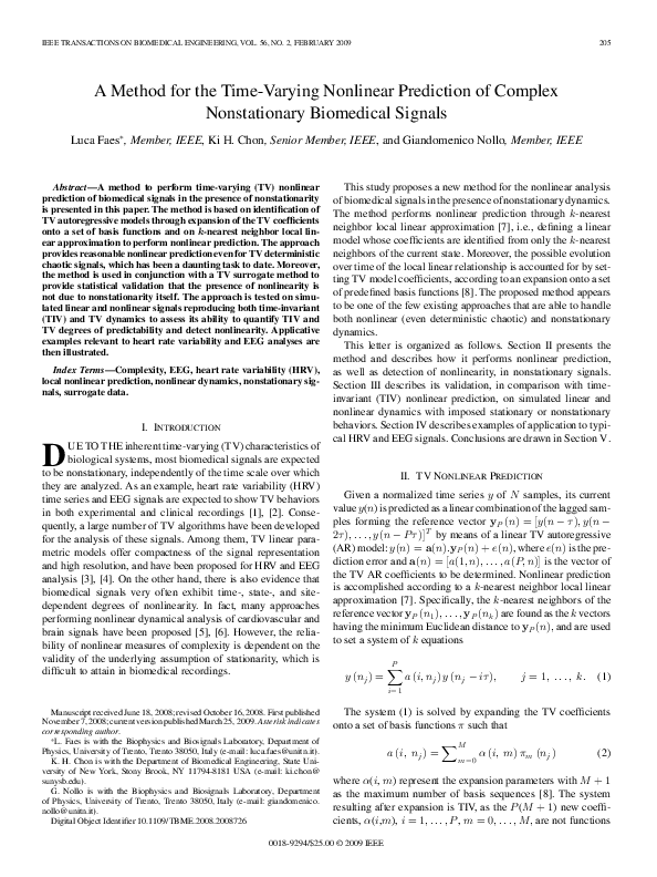 Pdf A Method For The Time Varying Nonlinear Prediction Of Complex Nonstationary Biomedical Signals