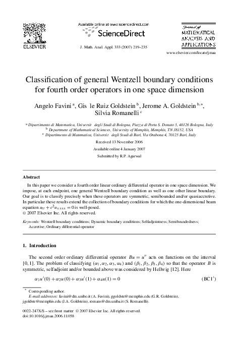(PDF) Classification of general Wentzell boundary conditions for fourth order operators in one ...