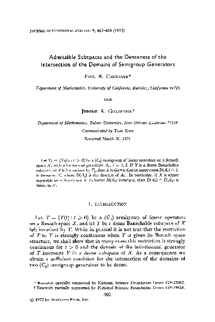 (PDF) Admissible subspaces and the denseness of the intersection of the domains of semigroup ...