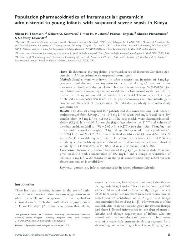 (PDF) Population Pharmacokinetics of Intramuscular Gentamicin Administered to Young Infants With ...