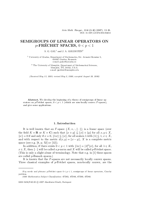 Pdf Semigroups Of Linear Operators On P Fréchet Spaces 0