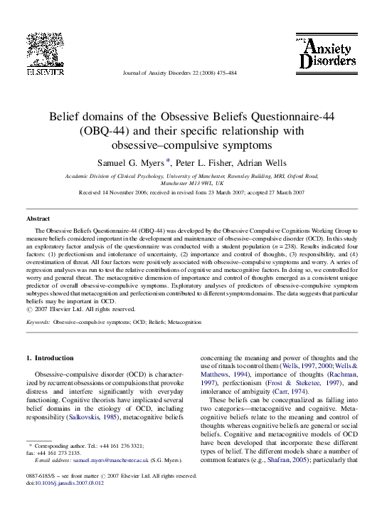 (PDF) Belief domains of the Obsessive Beliefs Questionnaire-44 (OBQ-44 ...