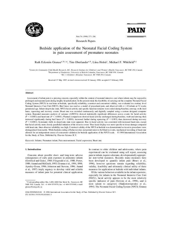 (PDF) Bedside application of the Neonatal Facial Coding System in pain assessment of premature ...