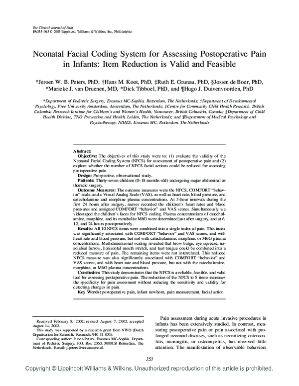 (PDF) Neonatal Facial Coding System for Assessing Postoperative Pain in Infants: Item Reduction ...