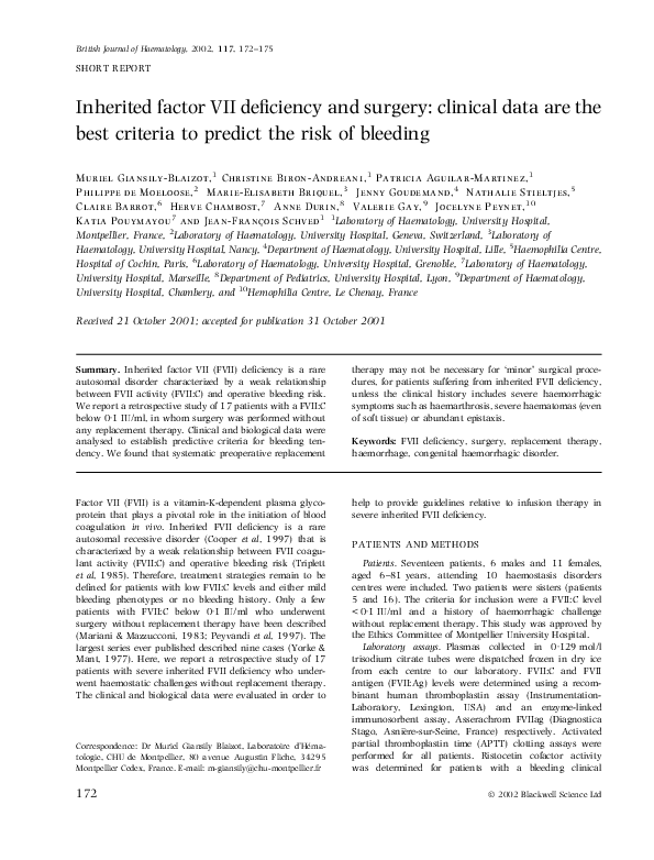 (PDF) Inherited factor VII deficiency and surgery: clinical data are ...