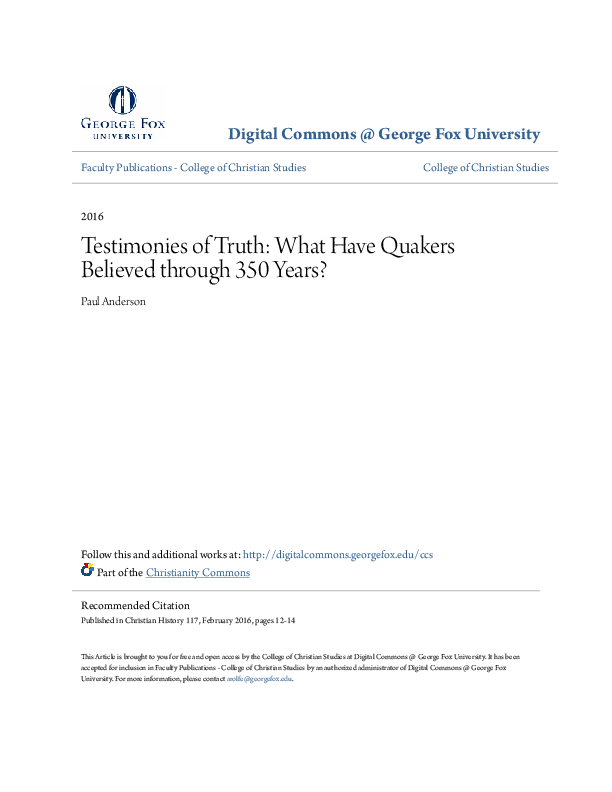 (PDF) Testimonies of Truth: What Have Quakers Believed through 350 Years