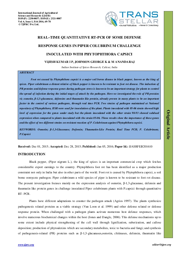 REAL–TIME QUANTITATIVE RT-PCR OF SOME DEFENSE RESPONSE GENES IN PIPER ...